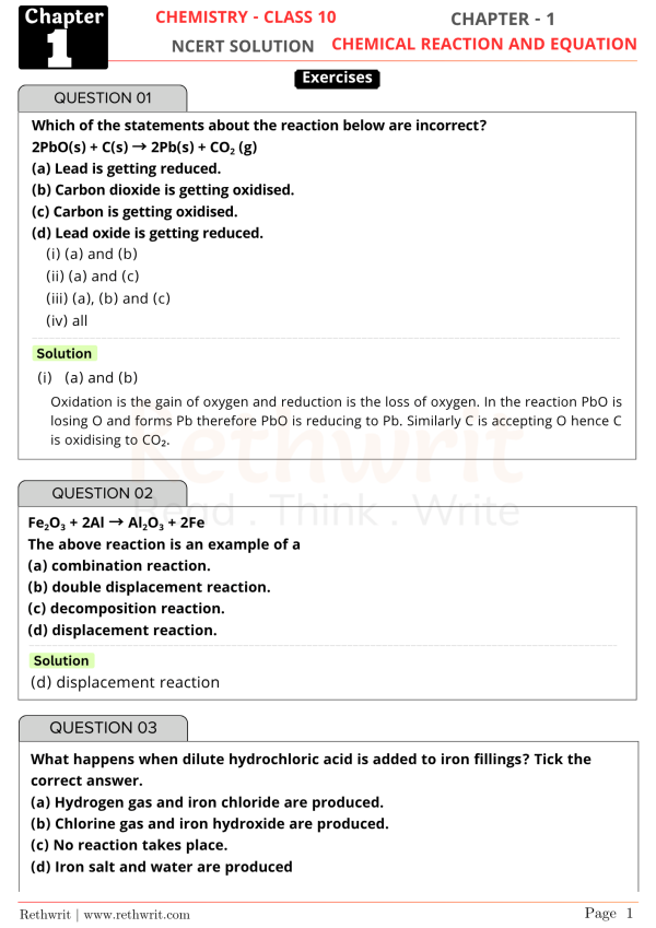NCERT Solutions for Chapter 1 - Chemical Reactions and Equations ...