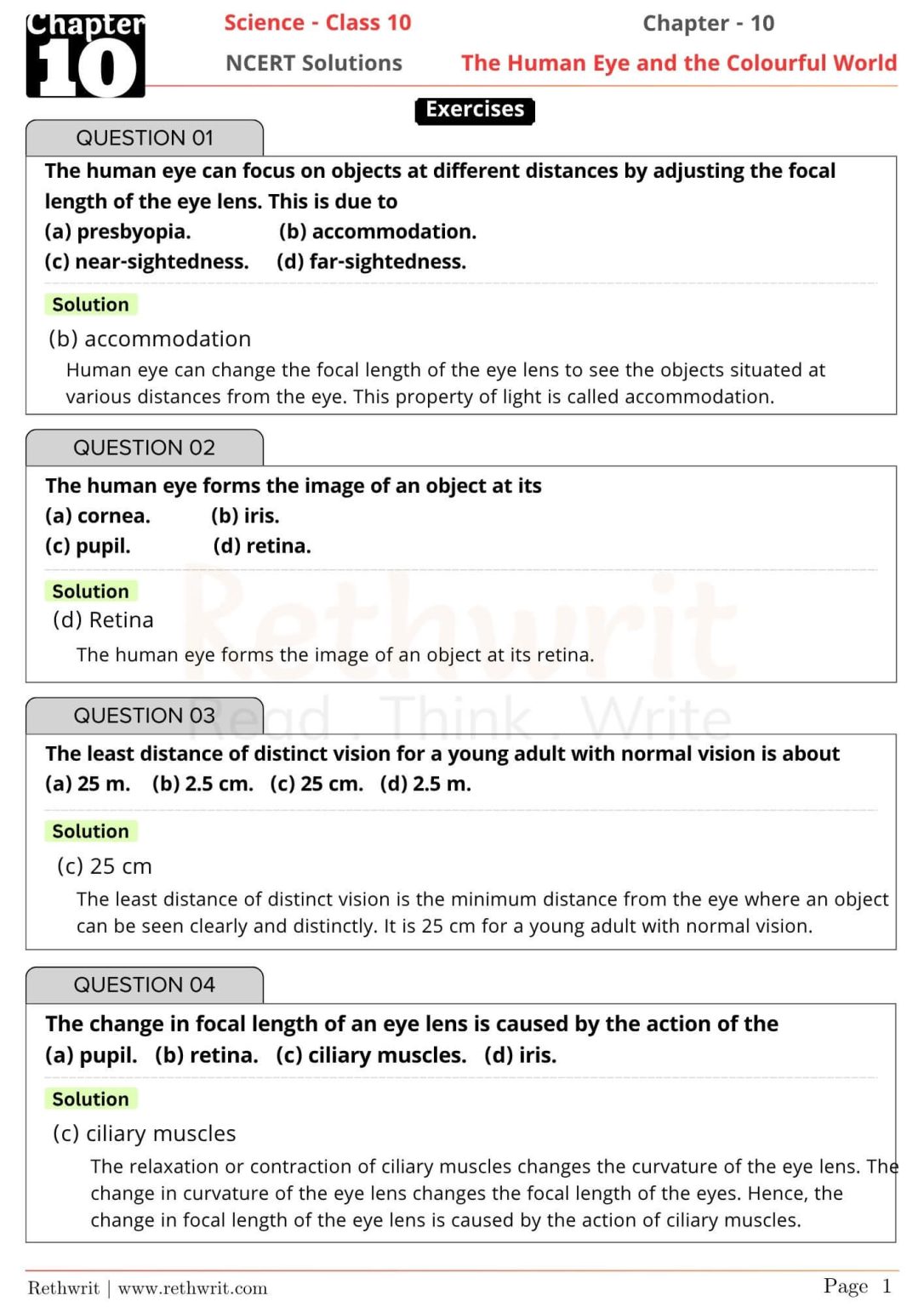 NCERT Solutions for Chapter 10 - The Human Eye and the Colourful World ...