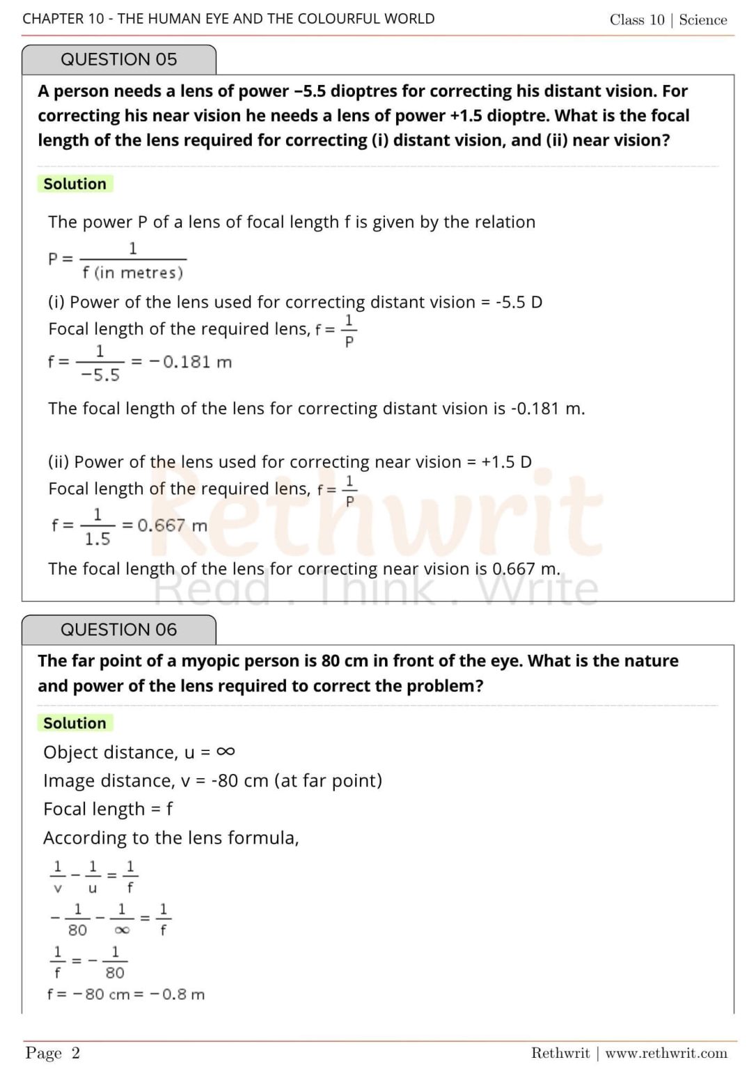 NCERT Solutions for Chapter 10 - The Human Eye and the Colourful World ...