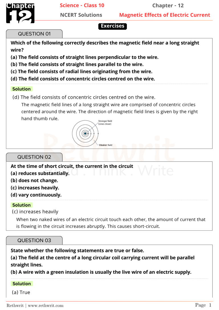 NCERT Solutions for Chapter 12 - Magnetic Effects of Electric Current | Class 10 Science