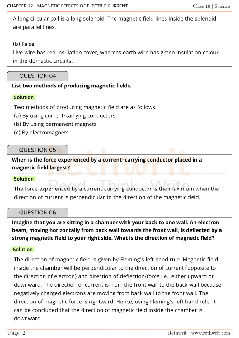 NCERT Solutions for Chapter 12 - Magnetic Effects of Electric Current | Class 10 Science