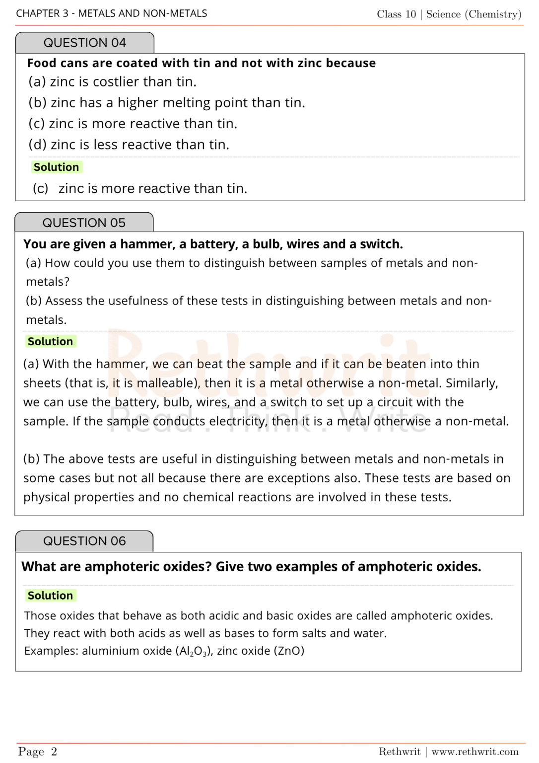 NCERT Solutions for Chapter 3 - Metals and Non-metals | Class 10 Science