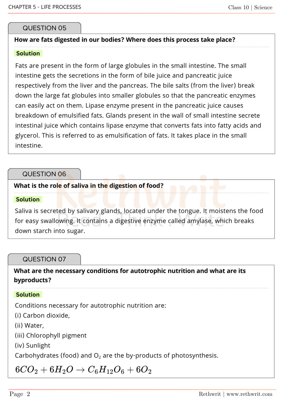 NCERT Solutions for Chapter 5 - Life Processes | Class 10 Science