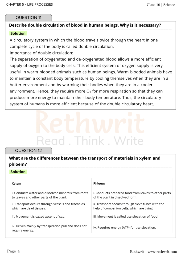 NCERT Solutions for Chapter 5 - Life Processes | Class 10 Science