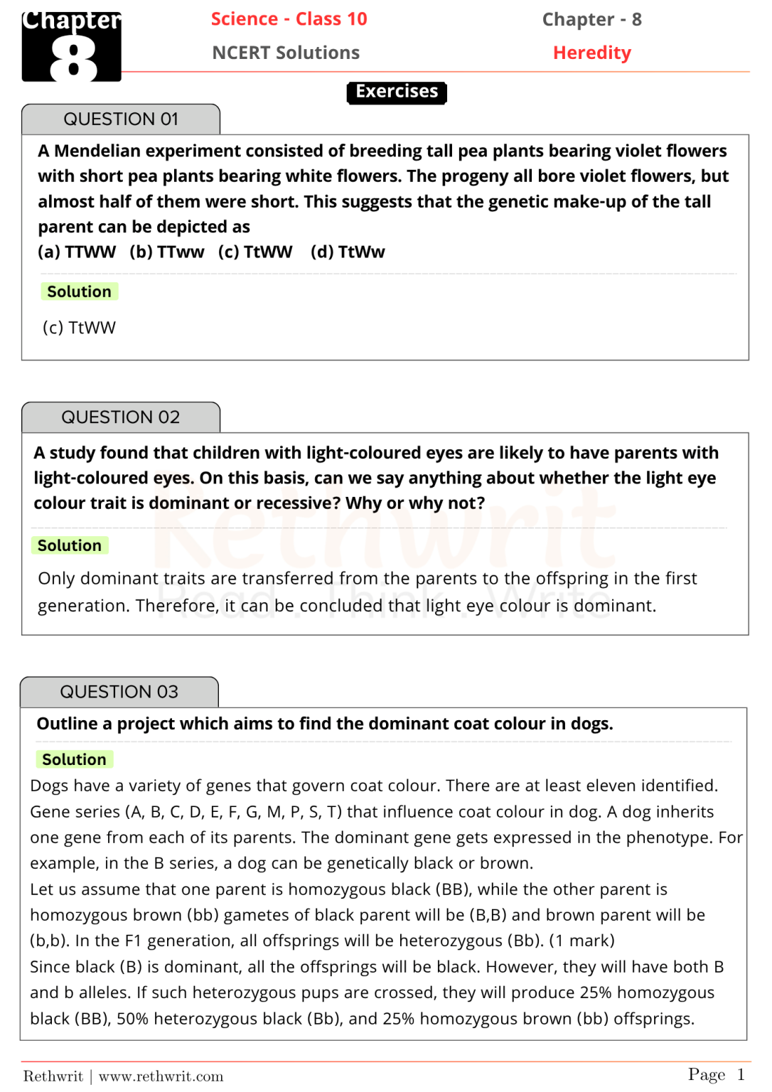 NCERT Solutions for Chapter 8 - Heredity | Class 10 Science