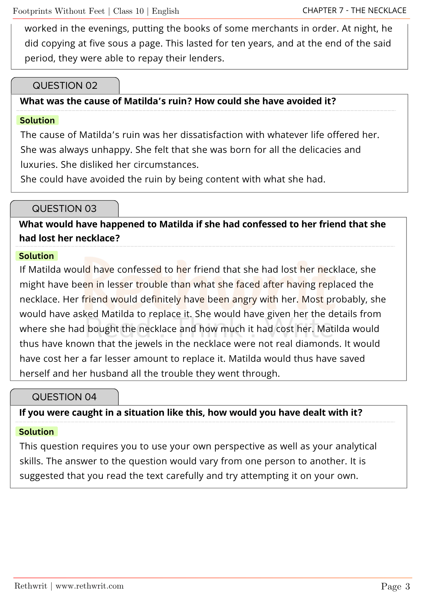 NCERT Solutions for Chapter 7 - The Necklace | Class 10 English ...