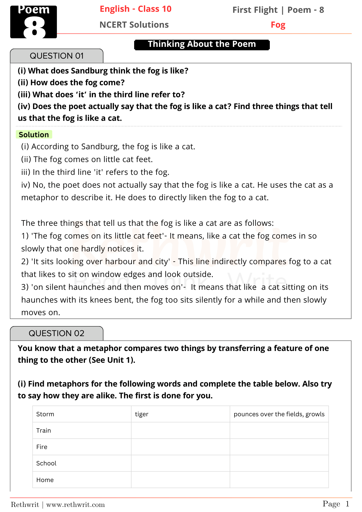 NCERT Solutions for Poem - Fog | Class 10 English First Flight