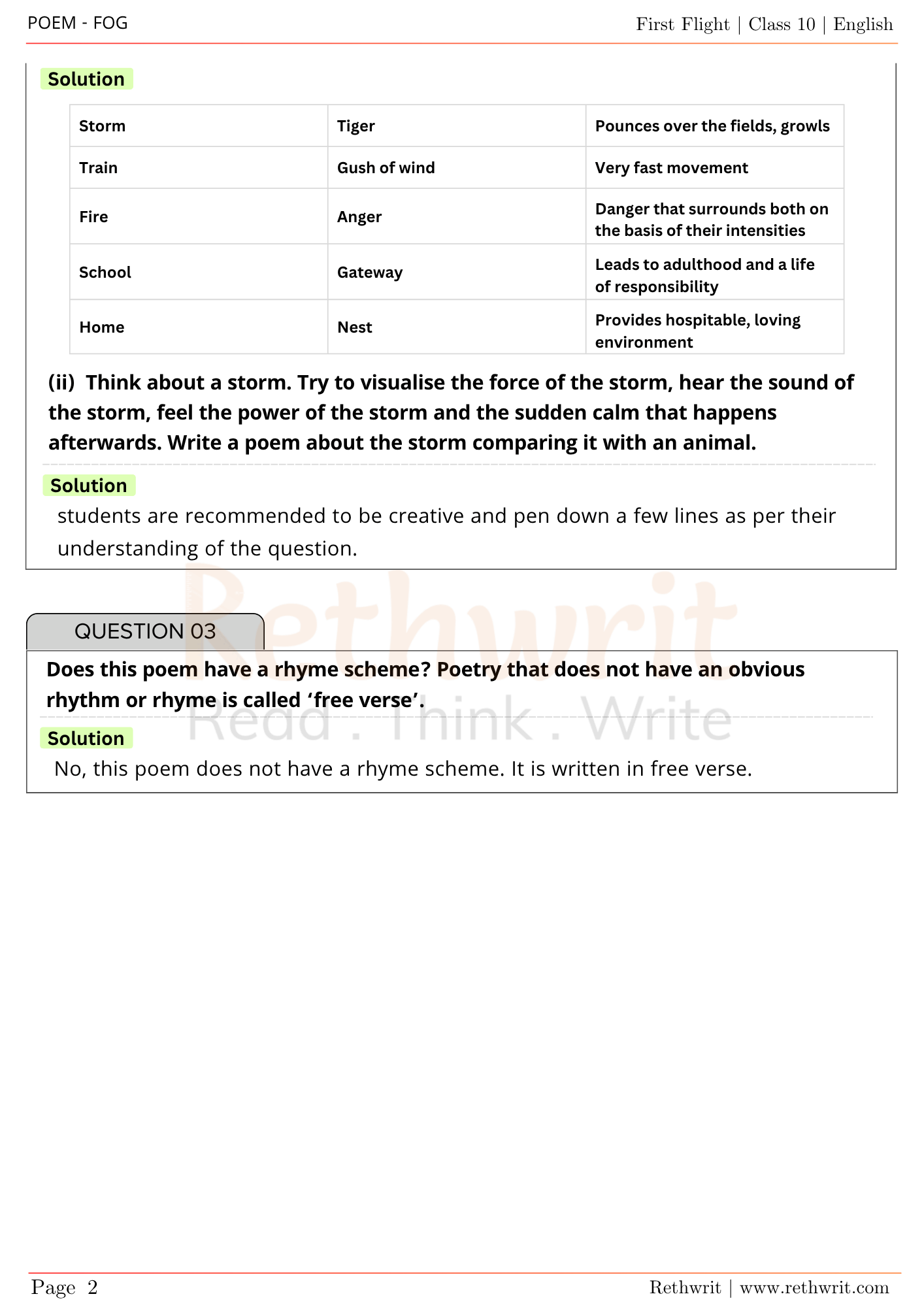 NCERT Solutions for Poem - Fog | Class 10 English First Flight