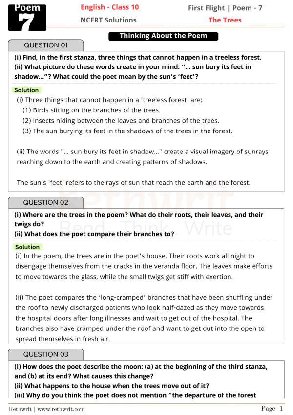 NCERT Solutions for Poem - The Trees | Class 10 English First Flight
