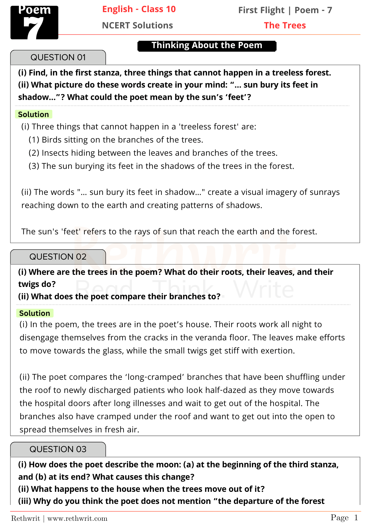 NCERT Solutions for Poem - The Trees | Class 10 English First Flight