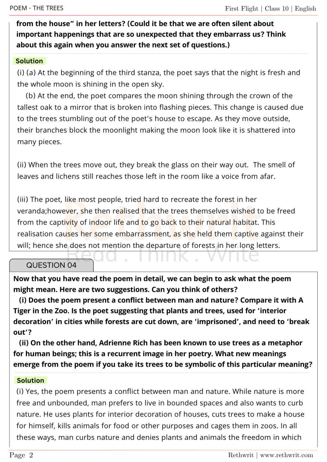 NCERT Solutions for Poem - The Trees | Class 10 English First Flight