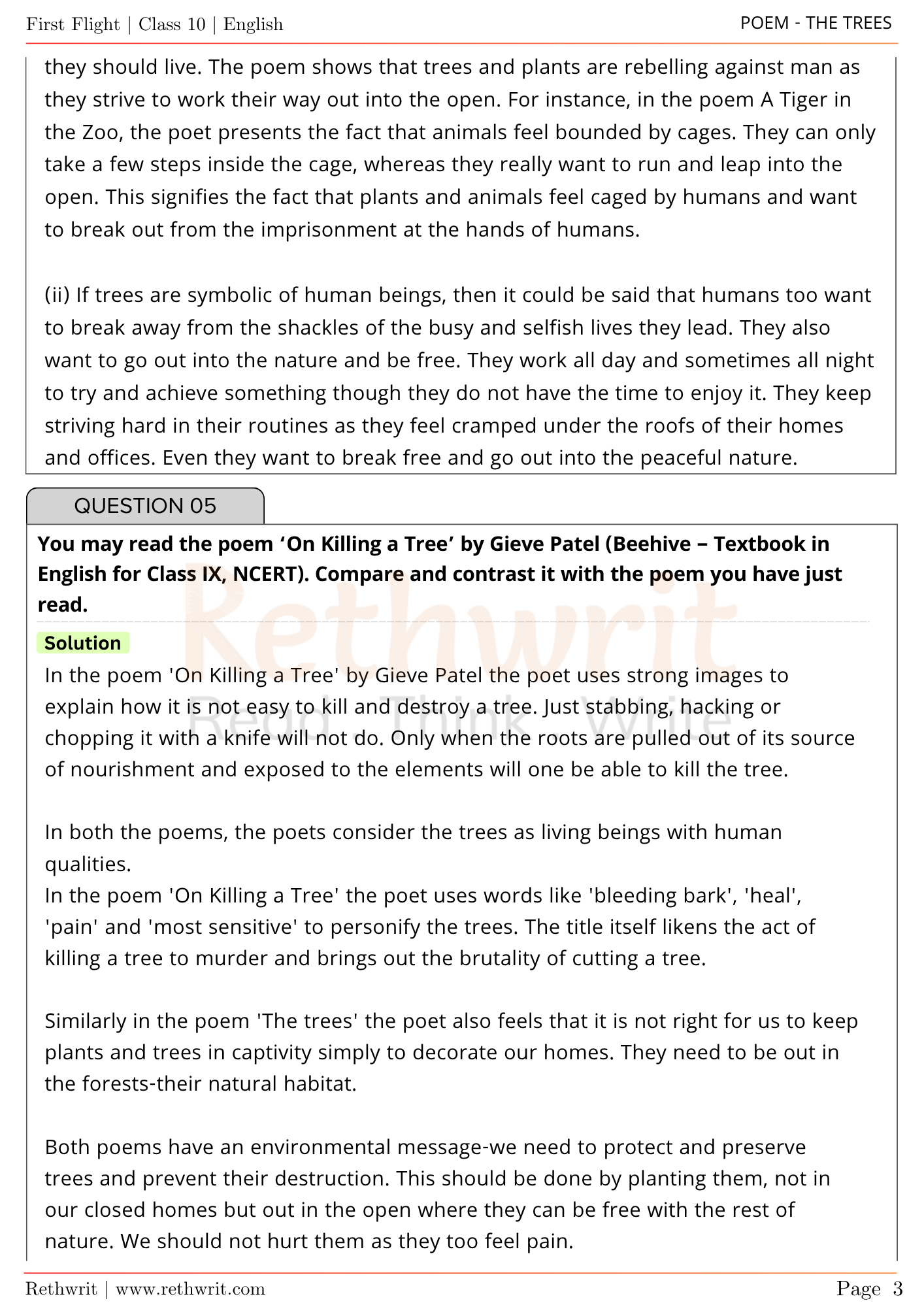 NCERT Solutions for Poem - The Trees | Class 10 English First Flight