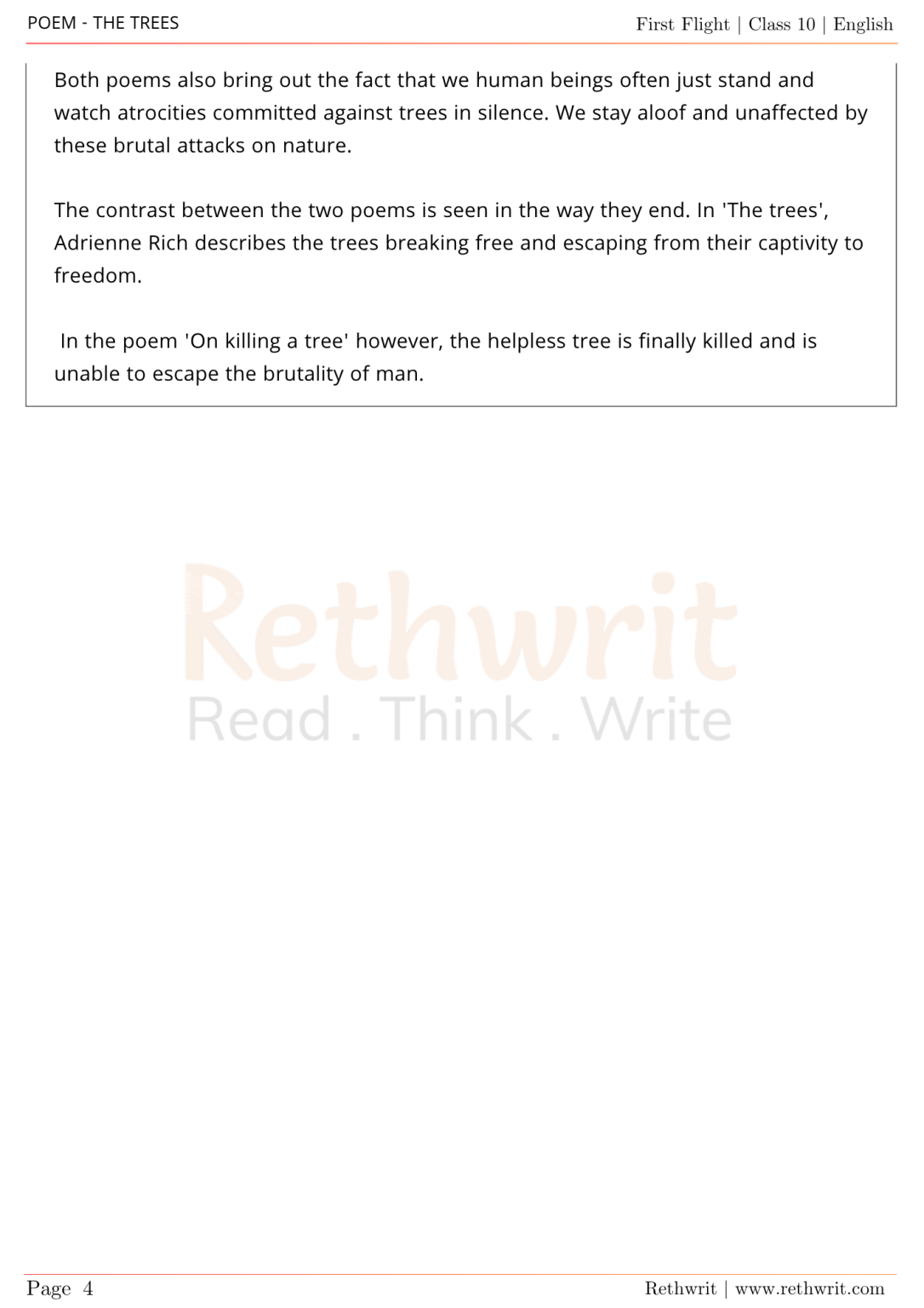 NCERT Solutions for Poem - The Trees | Class 10 English First Flight