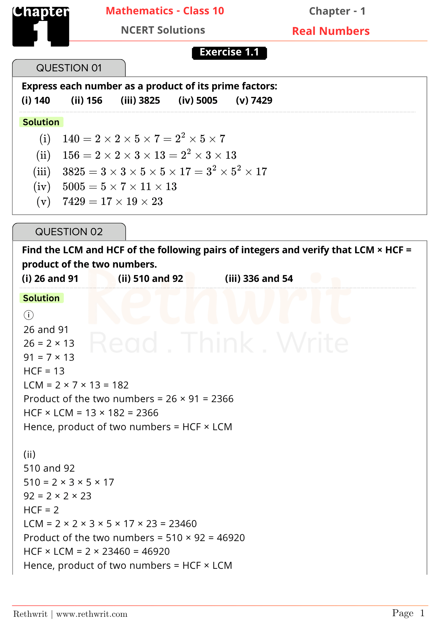 NCERT Solutions for Chapter 1 - Real Numbers | Class 10 Maths