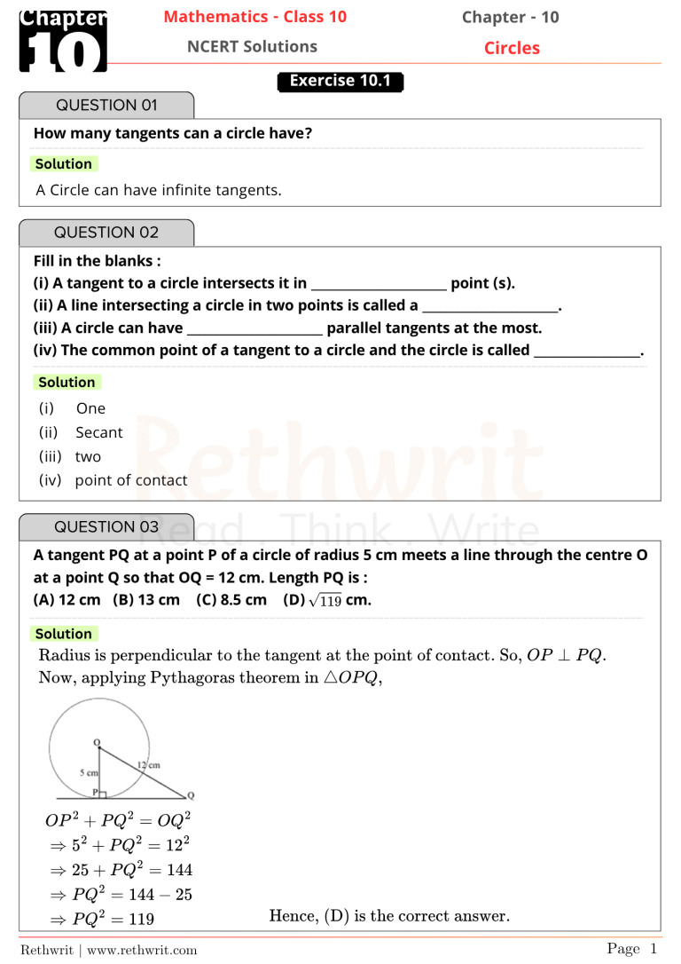 NCERT Solutions for Chapter 10 - Circles Class 10 Maths