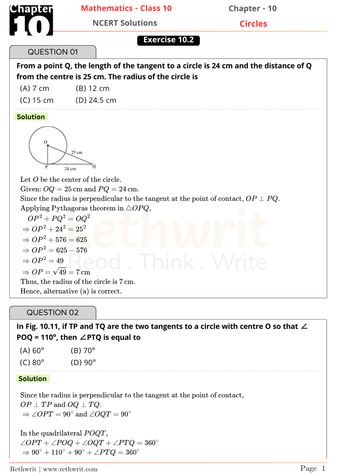 NCERT Solutions for Chapter 10 - Circles Class 10 Maths